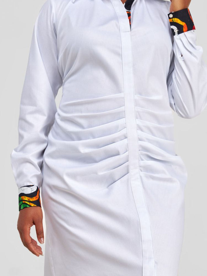 Chichi Ruched Shirt Dress - White & Ankara – TULI Brands